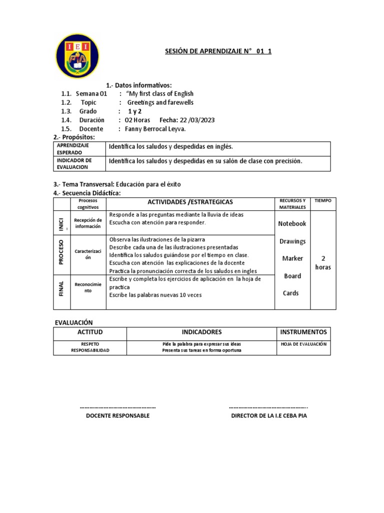 Sesión de Clases Inglés | PDF | Evaluación | Aprendizaje
