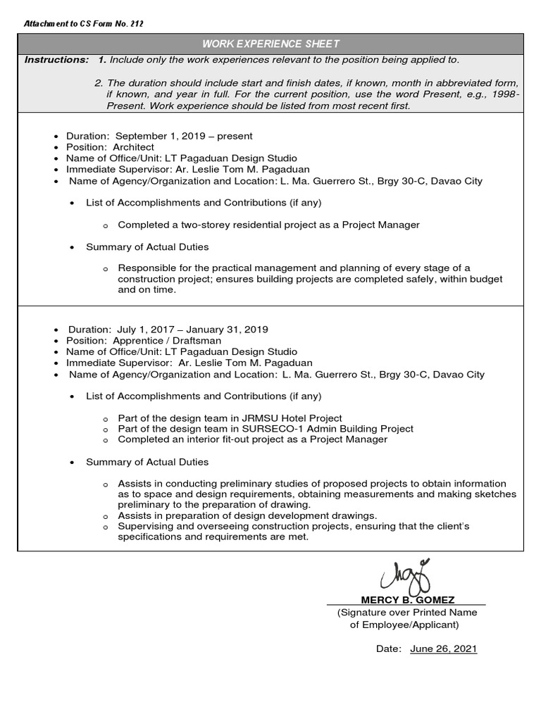 Gomez, - Work Experience Sheet | PDF