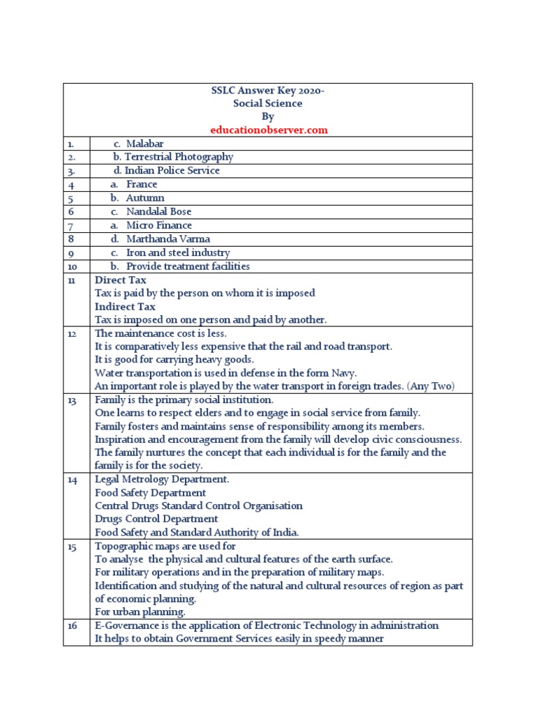 SSLC 2022 SS Answer Key Final | PDF | Banks | Taxes