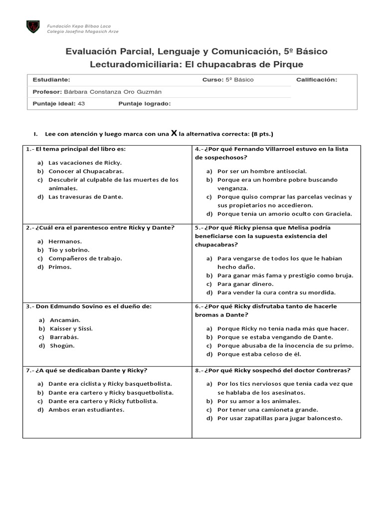 Prueba Lectura Domiciliaria - El Chupacabras de Pirque | PDF