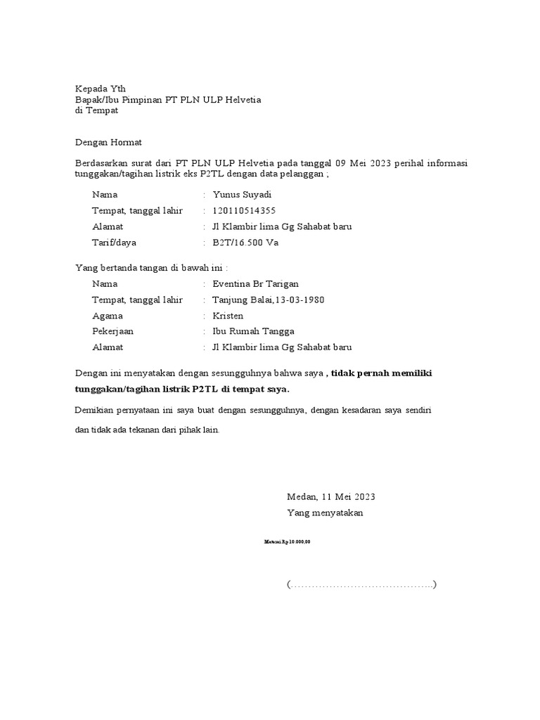 Surat Pernyataan P2TL | PDF