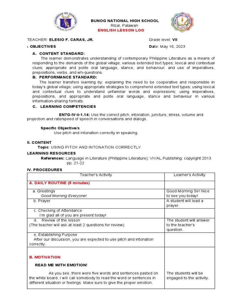 LESSON PLAN FOR COT 7 (Using Pitch and Intonation Correctly) | PDF ...