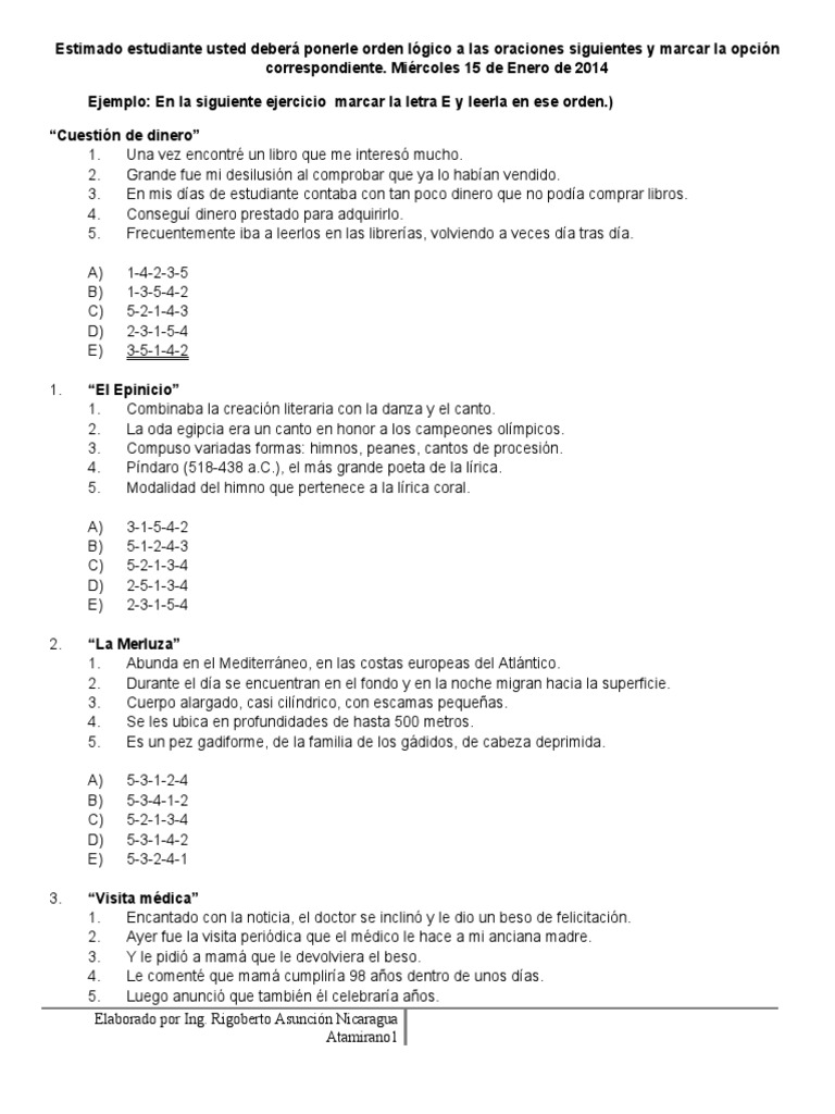 Estimado Estudiante Usted Deberá Ponerle Orden Lógico A Las Oraciones ...