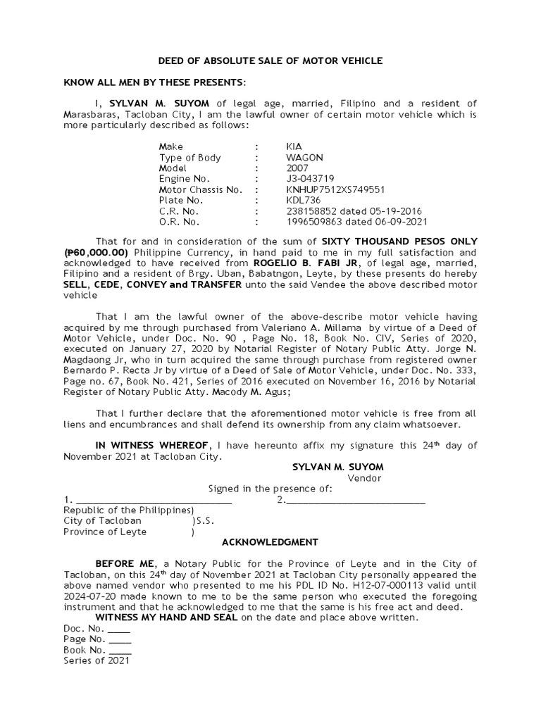 Motor Vehicle Sale Deed Template | PDF | Property Law | Common Law