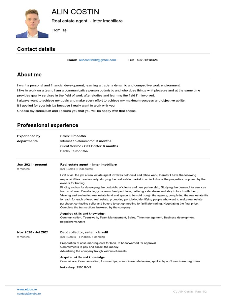 CV Alin Costin en | PDF | Sales | Estate Agent
