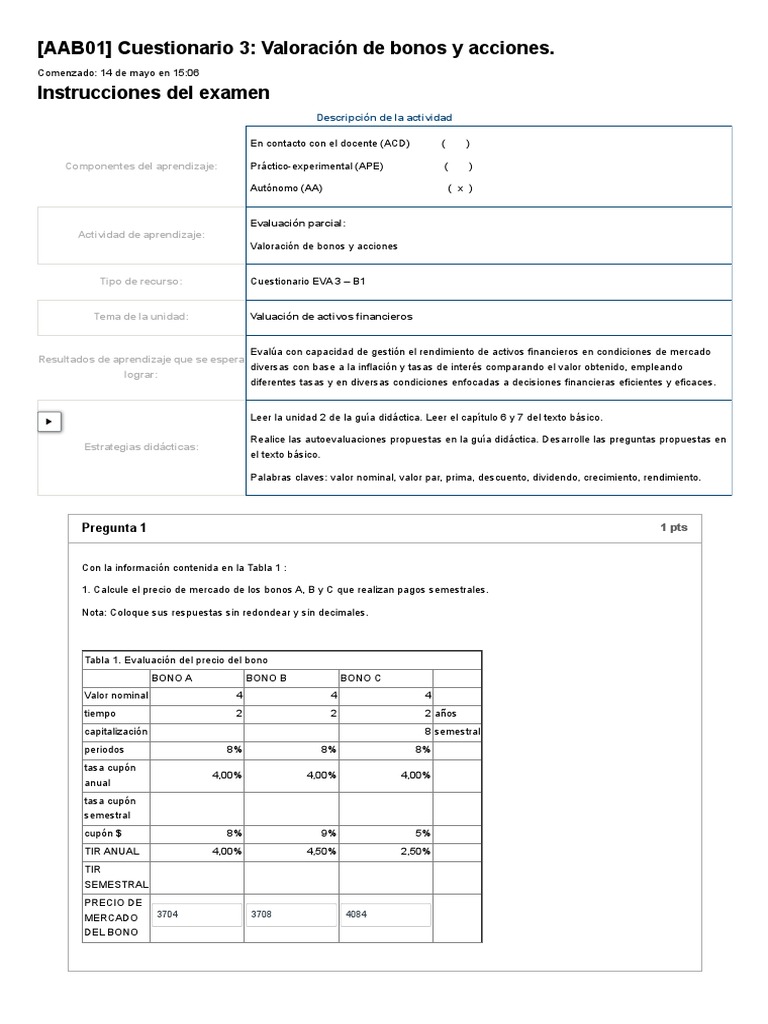 Examen - (AAB01) Cuestionario 3 - Valoración de Bonos y Acciones | PDF | Compartir (Finanzas ...