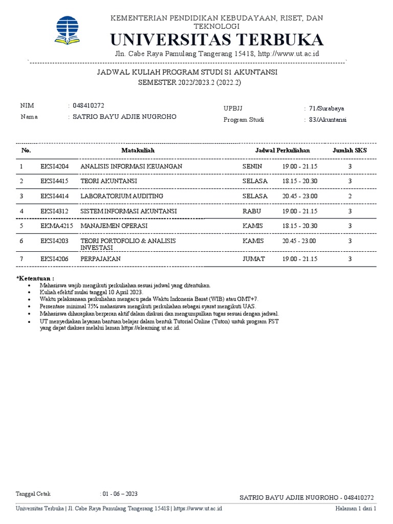 Jadwal Kuliah Universitas Terbuka New | PDF