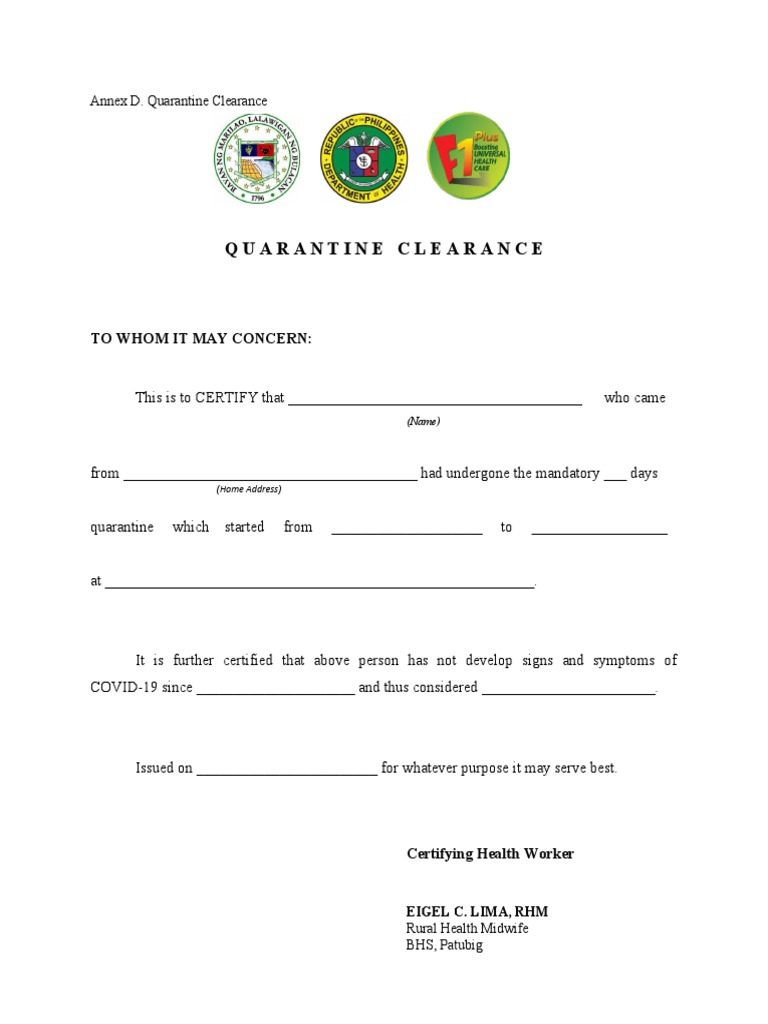 PUM Quarantine Clearance Templates RHM | PDF