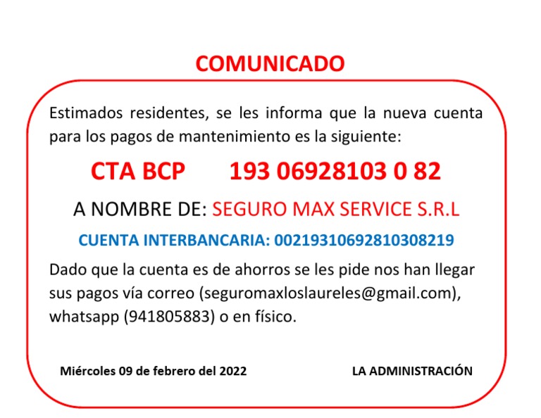 Comunicado Nueva Cuenta - Seguro Max Service SRL | PDF