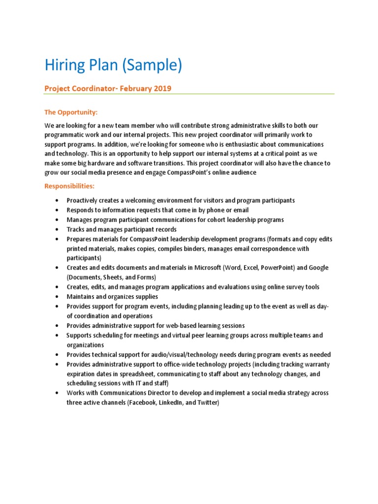 Project Coordinator Hiring Plan Sample | PDF | Social Media | Popular ...