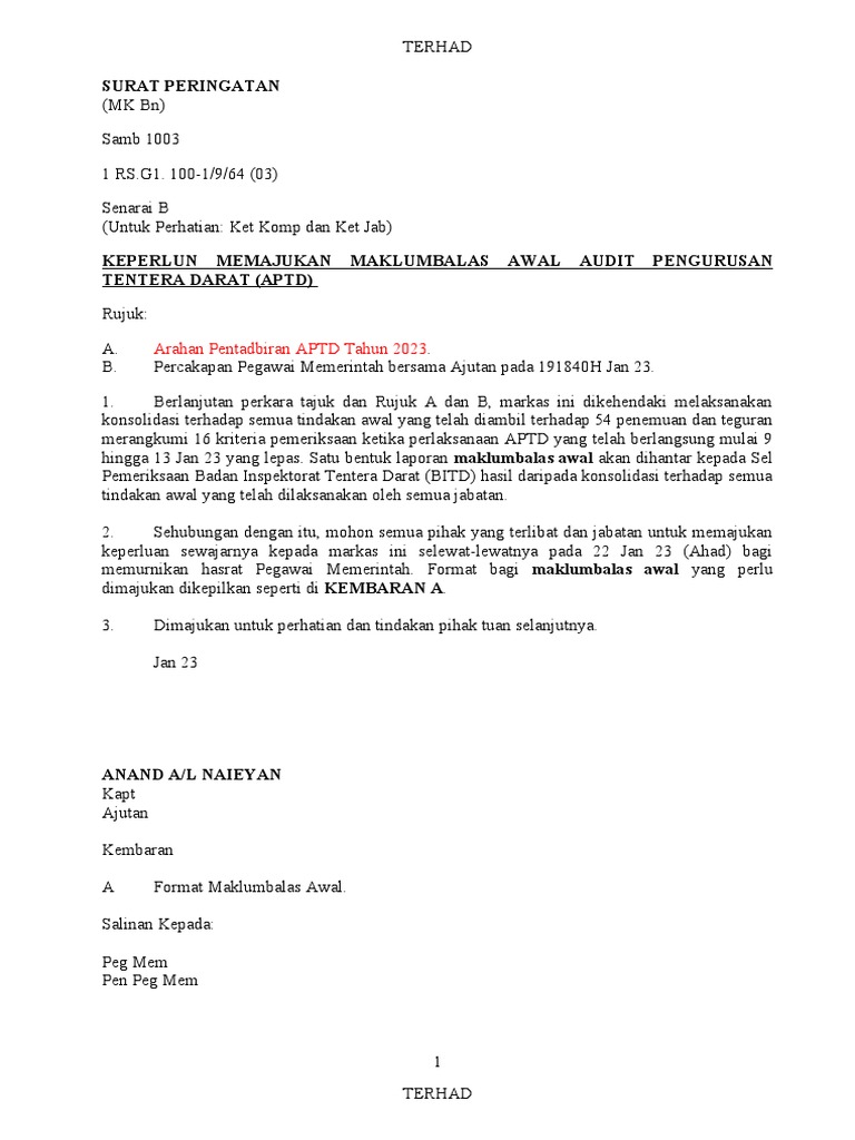 Surat Peringatan Memajukan Maklum Balas Awal Tindakan Kepada Teguran ...