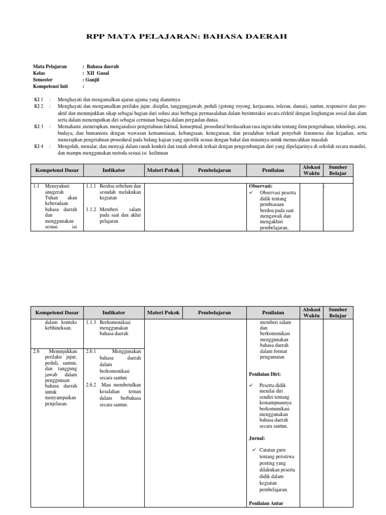 RPP Bahasa Daerah Xii | PDF