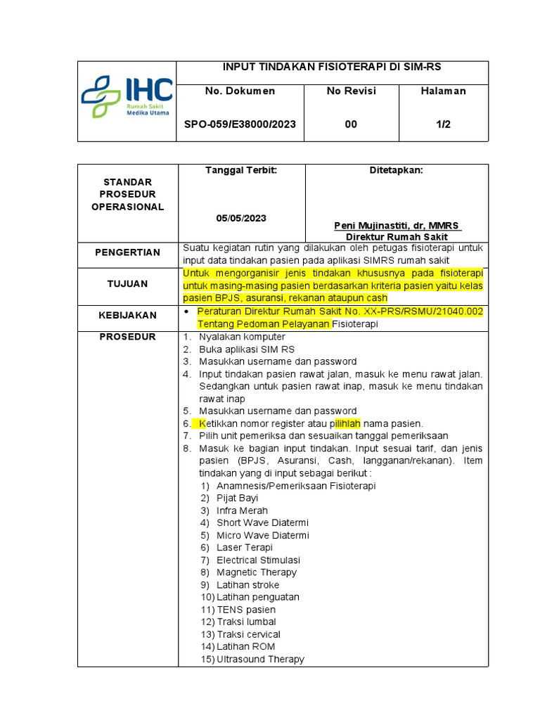 Spo Input Tindakan Fisioterapi Di Simrs | PDF | Teknologi & Rekayasa