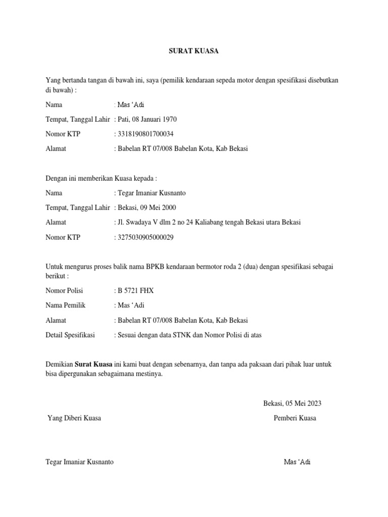 SURAT-KUASA Balik Nama BPKB | PDF