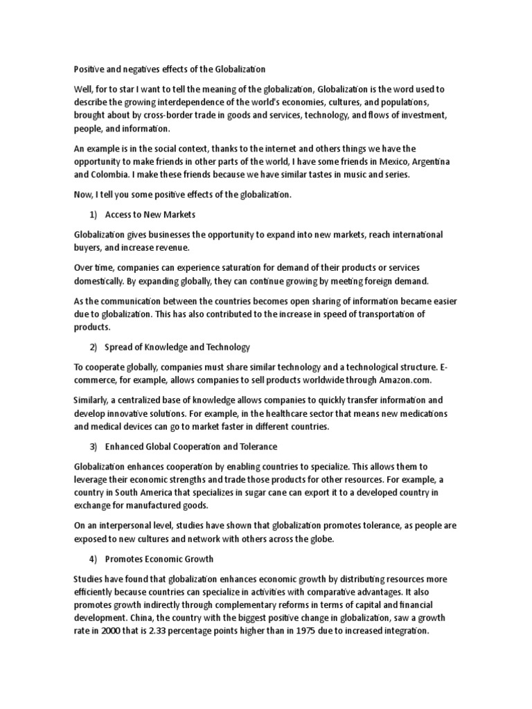 Positive and Negatives Effects of The Globalization | PDF ...