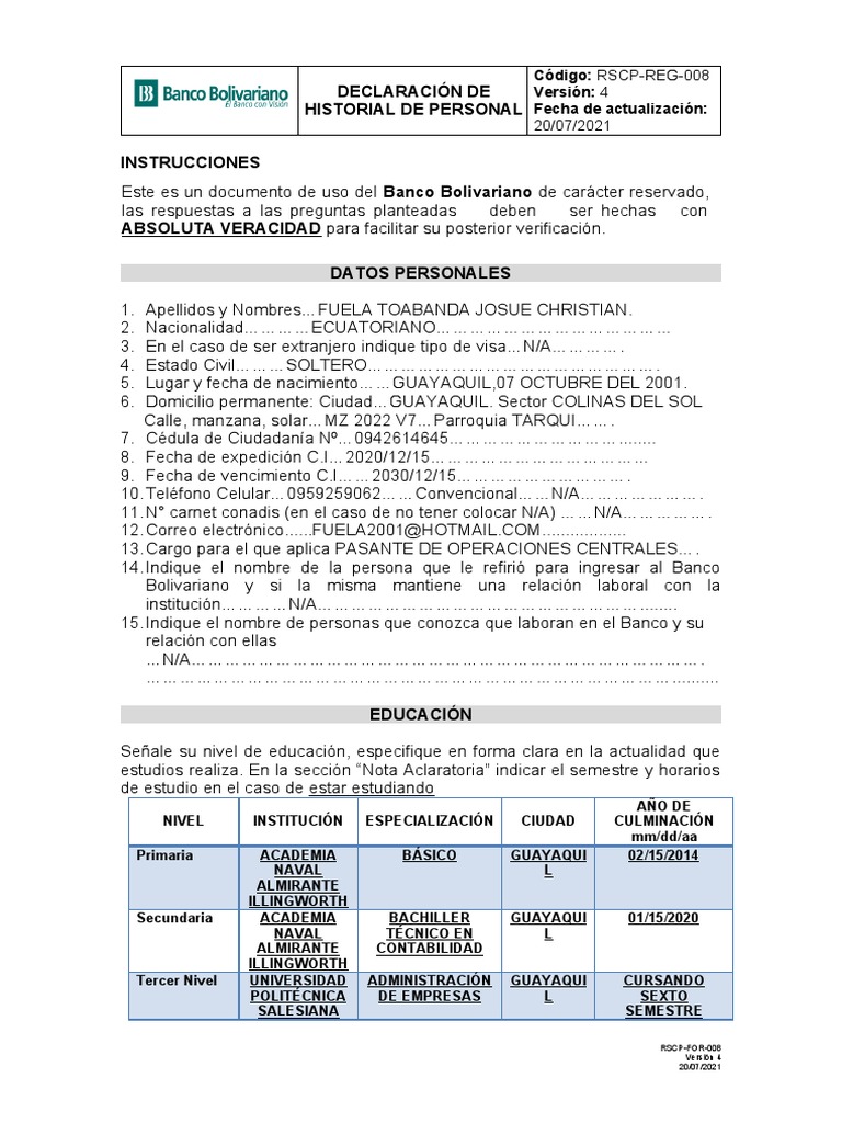 Formato Declaracion Historial Personal Actualizado | PDF