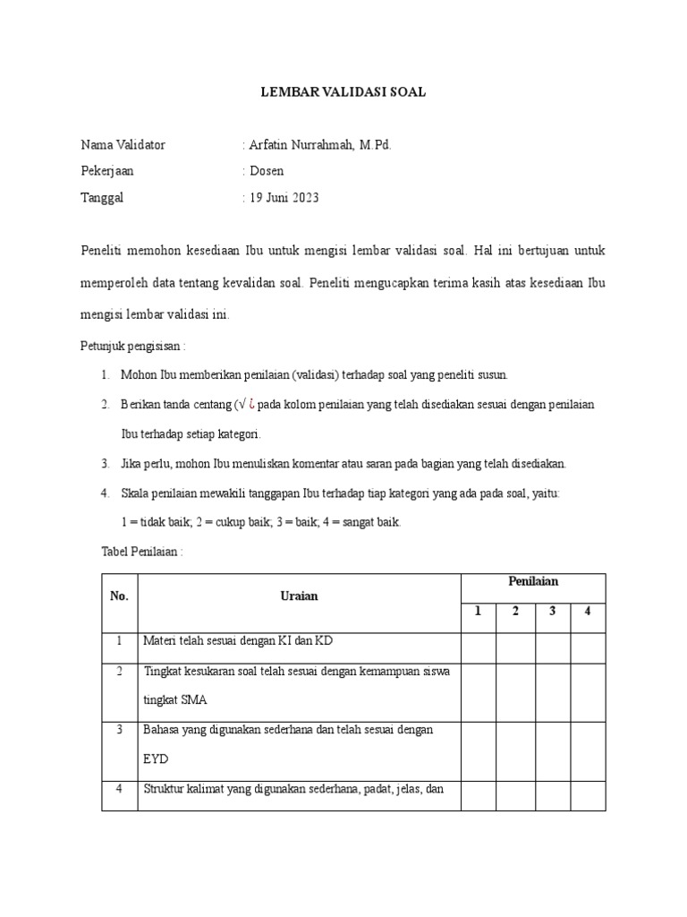 LEMBAR VALIDASI SOAL | PDF