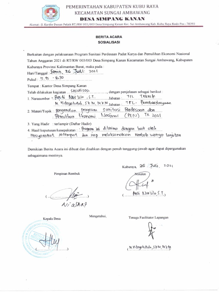 Sosialisasi Desa Simpang Kanan | PDF