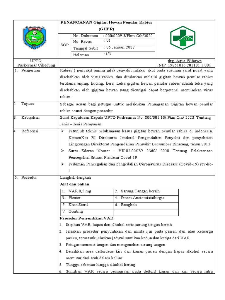 SOP PENANGANAN Gigitan Hewan Penular Rabies | PDF