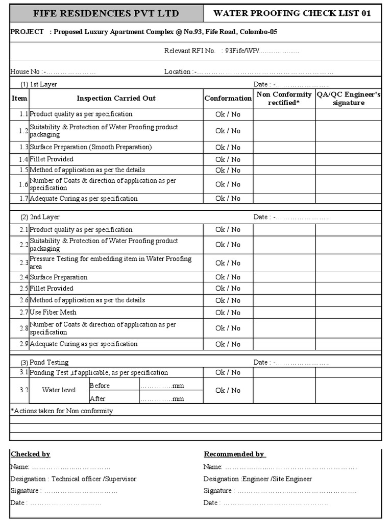 Water Proofing Check List Fife Road | PDF | Mechanical Engineering ...