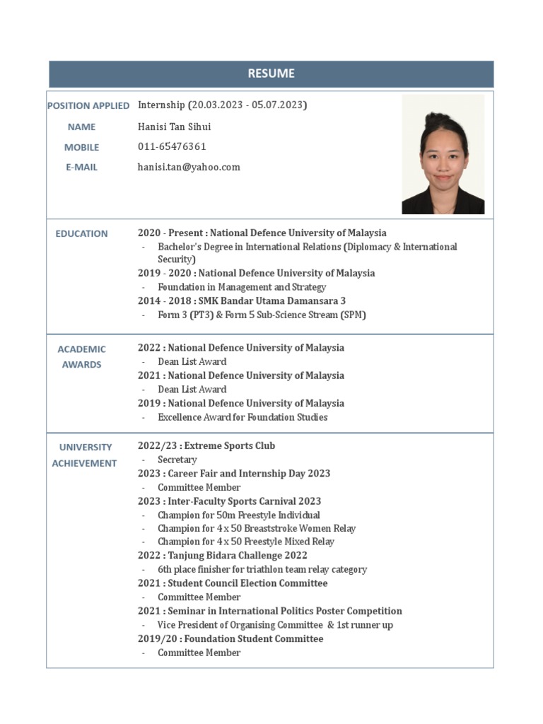 Internship (20.03.2023 - 05.07.2023) Hanisi Tan Sihui 011-65476361 | PDF