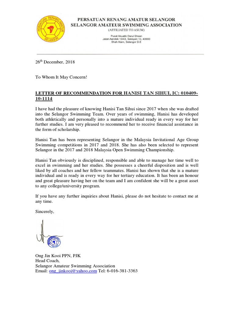 6. State Swimmer Letter or Recommendation | PDF