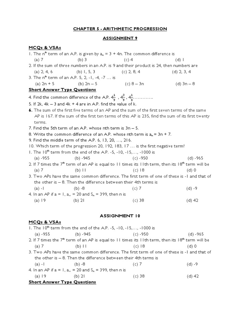 Assignment - Arithmetic Progression | PDF | Mathematics | Arithmetic