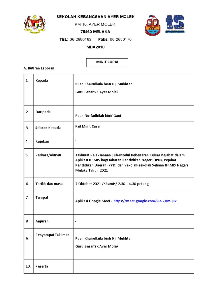 Minit Curai Taklimat Pelaksanaan Sub-Modul Kebenaran Keluar Pejabat ...