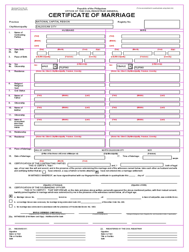 Philippine Marriage Certificate Form | PDF