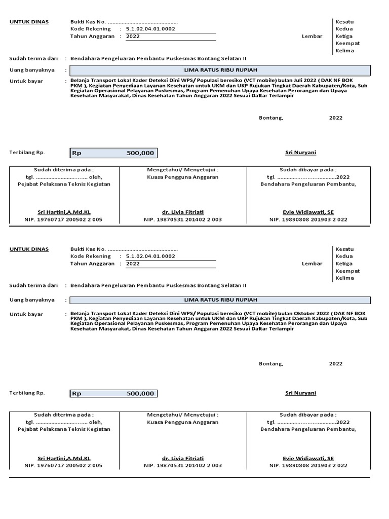 Kwitansi Transport Kader VCT Mobile Juli 2022 | PDF