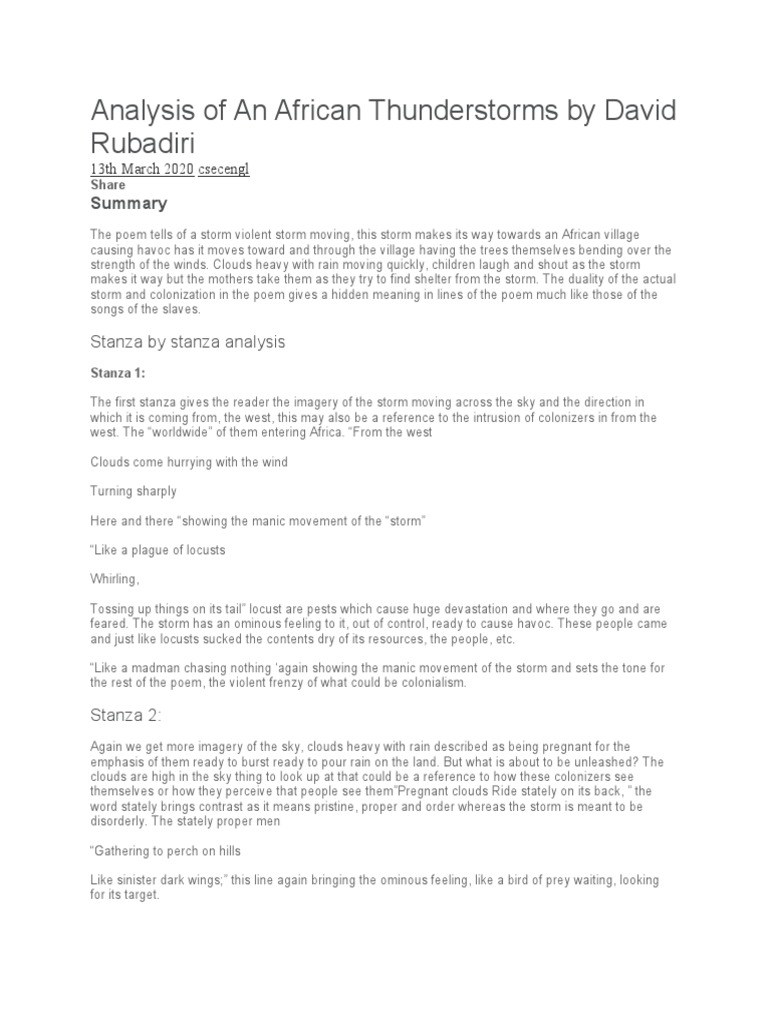 Analysis of An African Thunderstorms by David Rubadiri | PDF