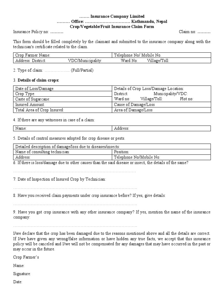 Crop Insurance Claim Form Template | PDF