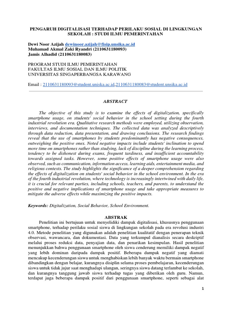 Pengaruh Digitalisasi Terhadap Perilaku Sosial Di Lingkungan Sekolah | PDF | Qualitative ...