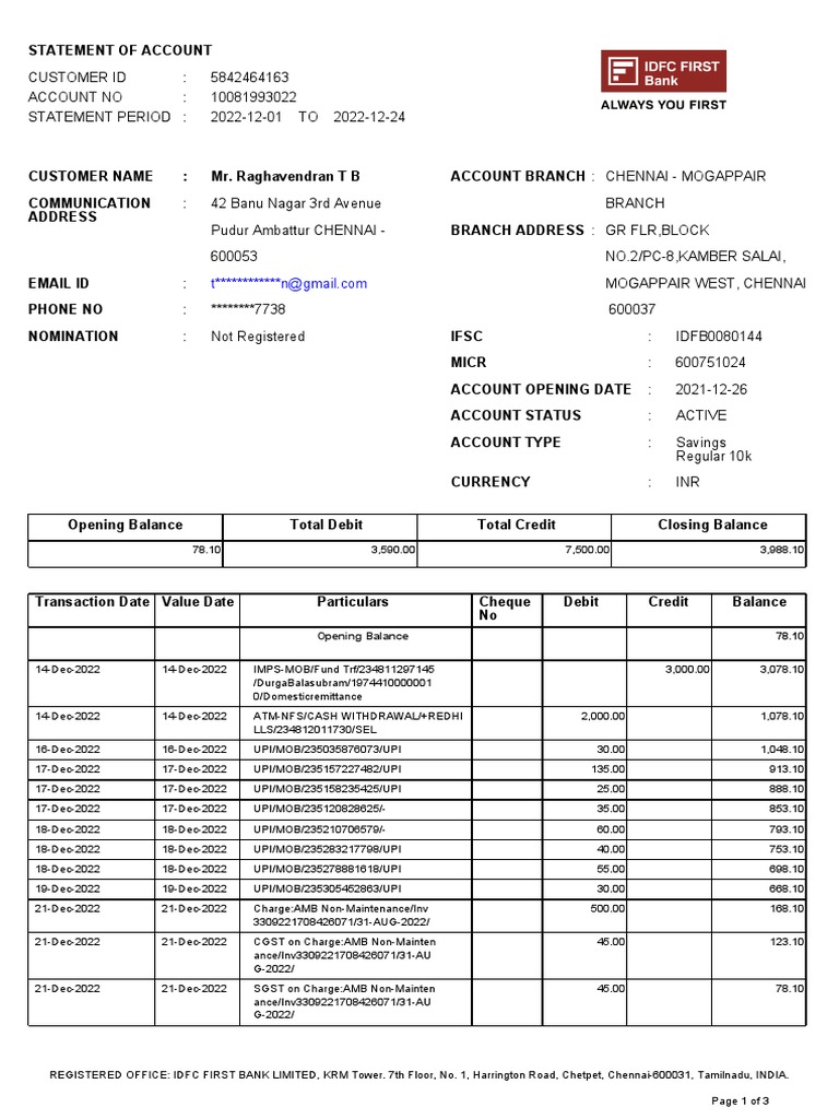 IDFCFIRSTBankstatement 10081993022 | PDF | Automated Teller Machine | Debit Card