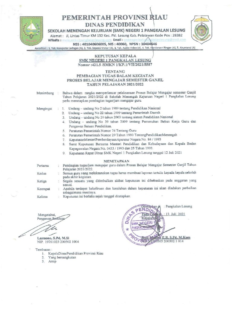 SK Pembagian Jam Mengajar 2021-2023 | PDF