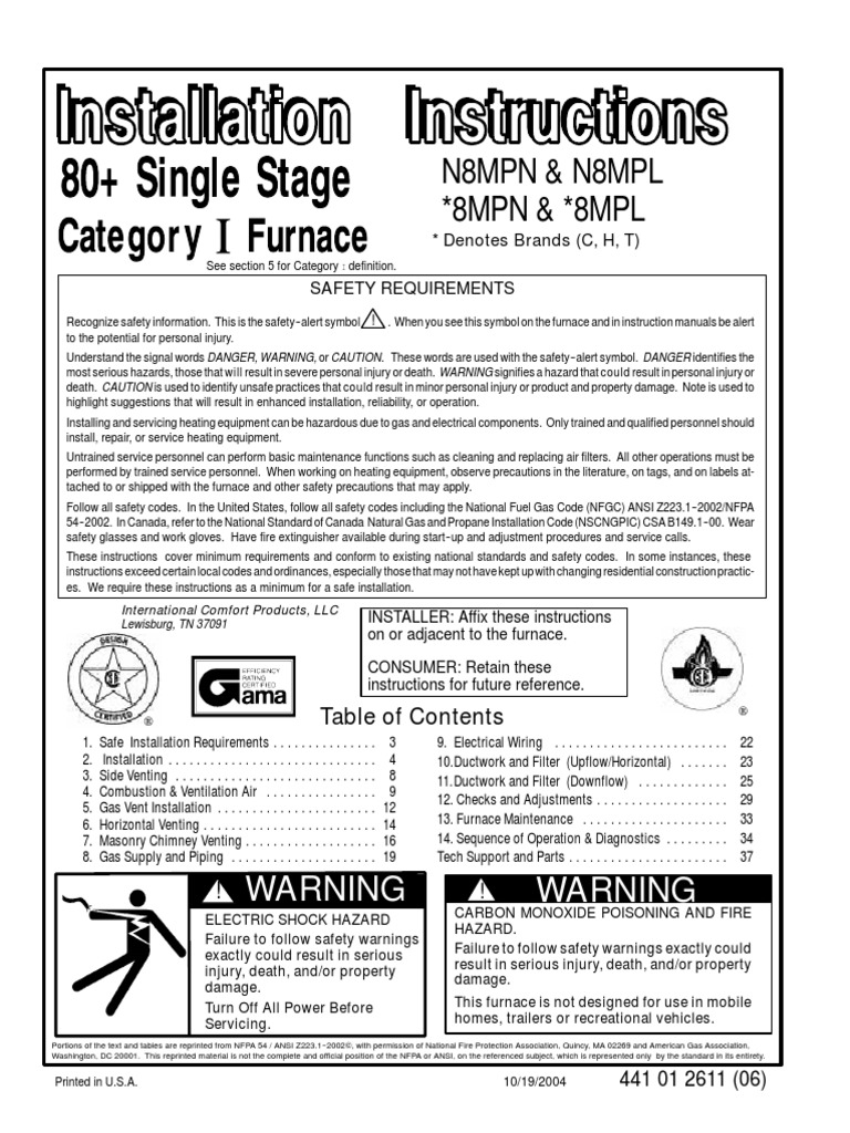 80+ Single Stage Category I Furnace Installation Instructions ...