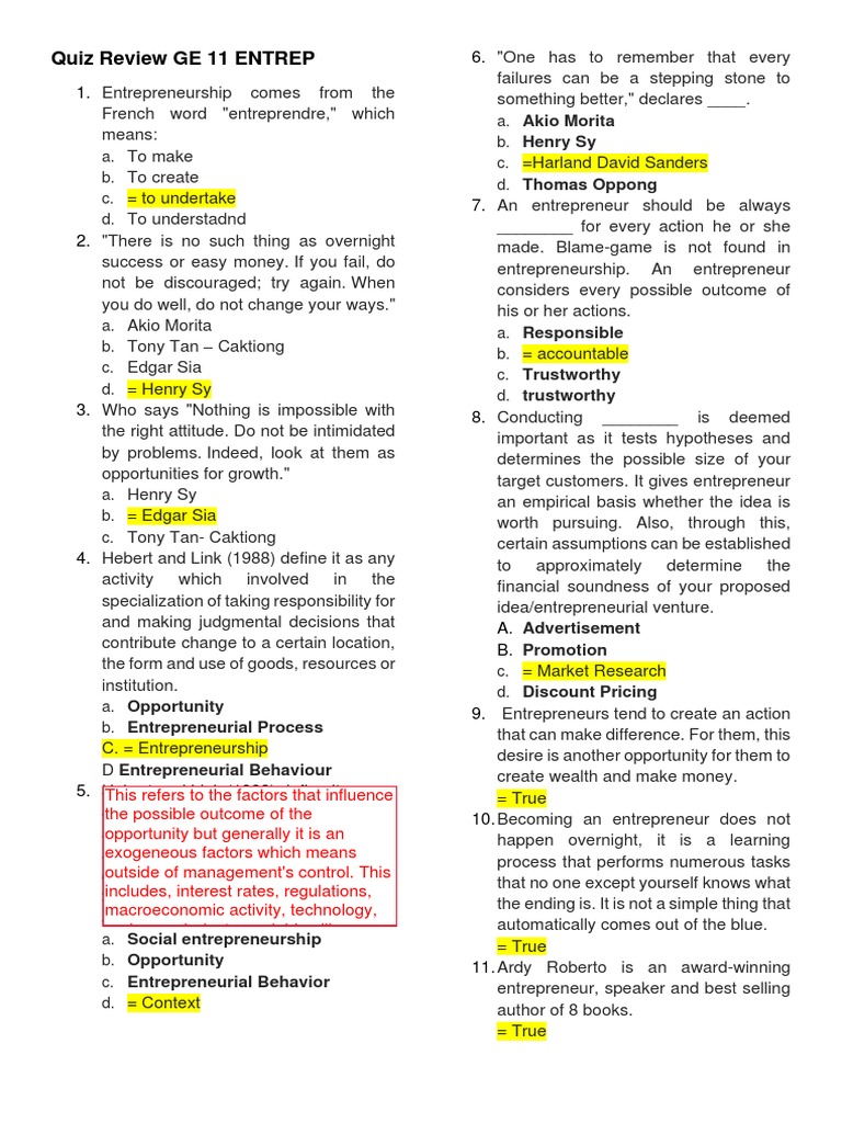 Quiz Review GE 11 ENTREP Edited | PDF | Entrepreneurship | Behavioural Sciences