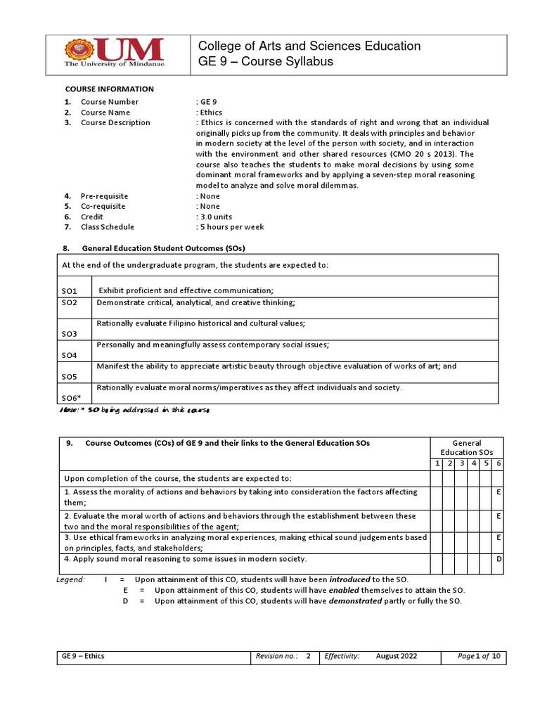 GE 9 Syllabus | PDF | Morality | Rationality