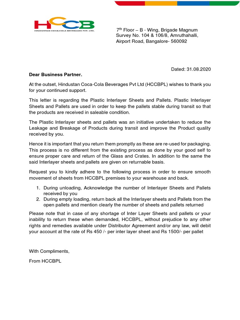 Intimation Letter for Returnable Packaging | PDF | Business