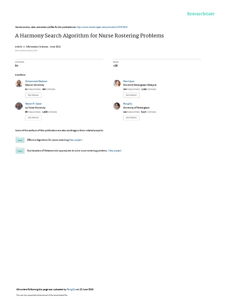 A Harmony Search Algorithm For Nurse Rostering Pro | PDF | Metaheuristic | Mathematical Optimization