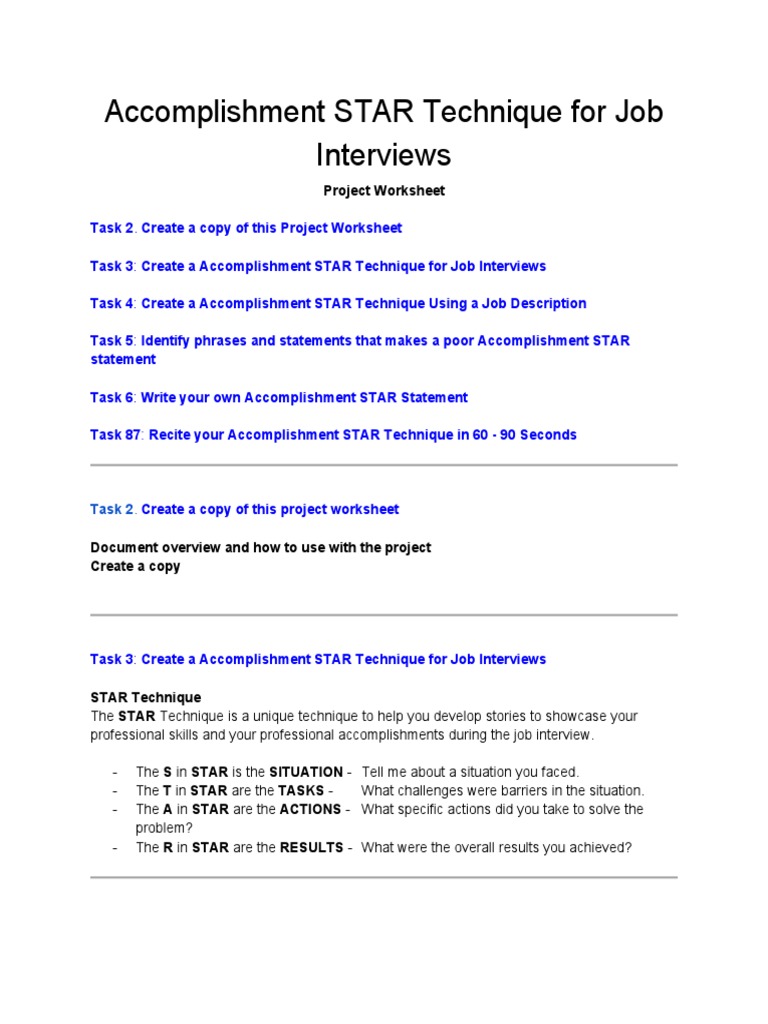 Accomplishment STAR Technique For Job Interviews Project Worksheet | PDF | Project Management ...