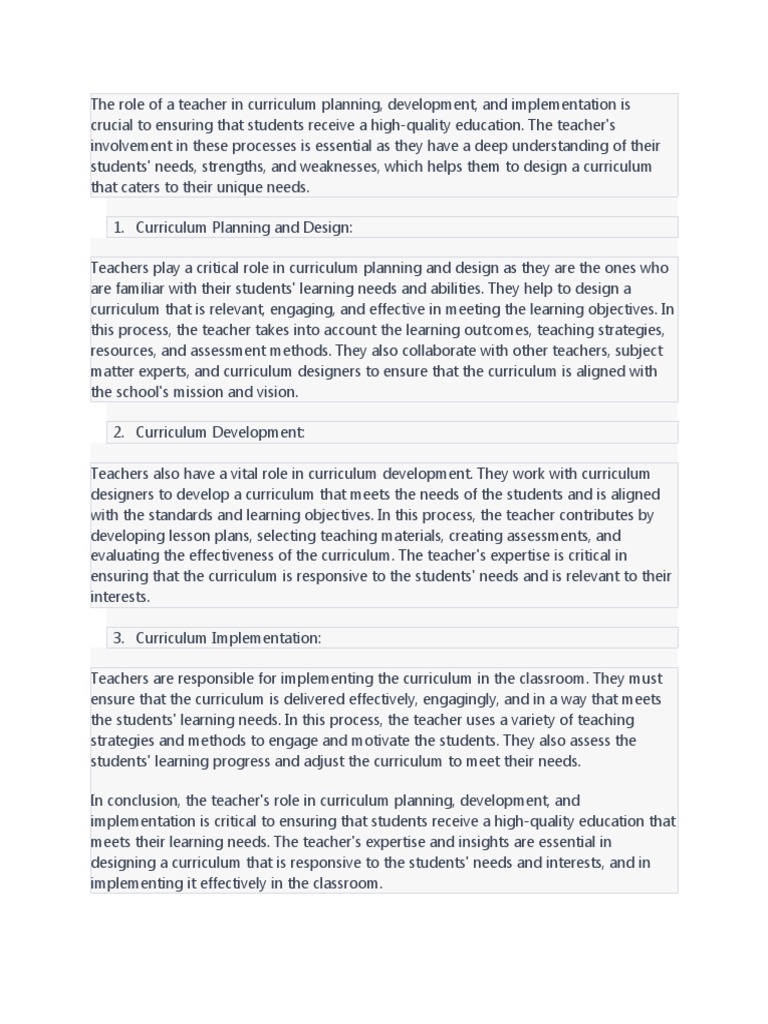 The Role of A Teacher in Curriculum Planning | PDF