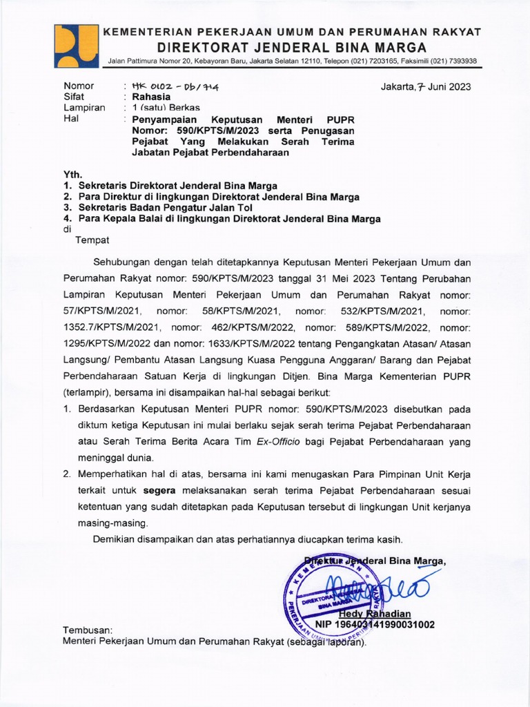 Penyampaian SK Menteri PUPR No 590 Tahun 2023 & Penugasan Sertijab Perbendaharaan - 27 | PDF