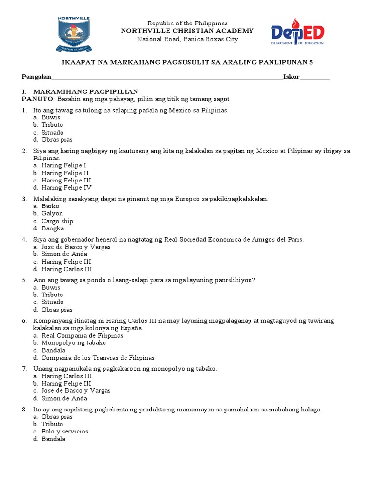 4TH-QUARTER-EXAM-ARALING-PANLIPUNAN-5 (1) | PDF