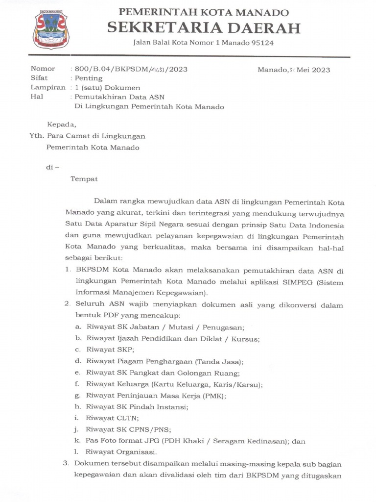 2023-05-31 Pemutakhiran Data ASN Di Lingkungan Pemerintah Kota Manado | PDF