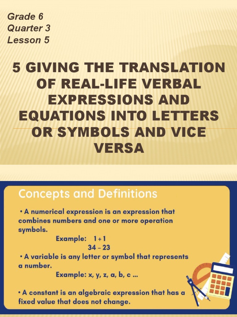5 Giving The Translation of Real-Life Verbal Expressions and Equations ...