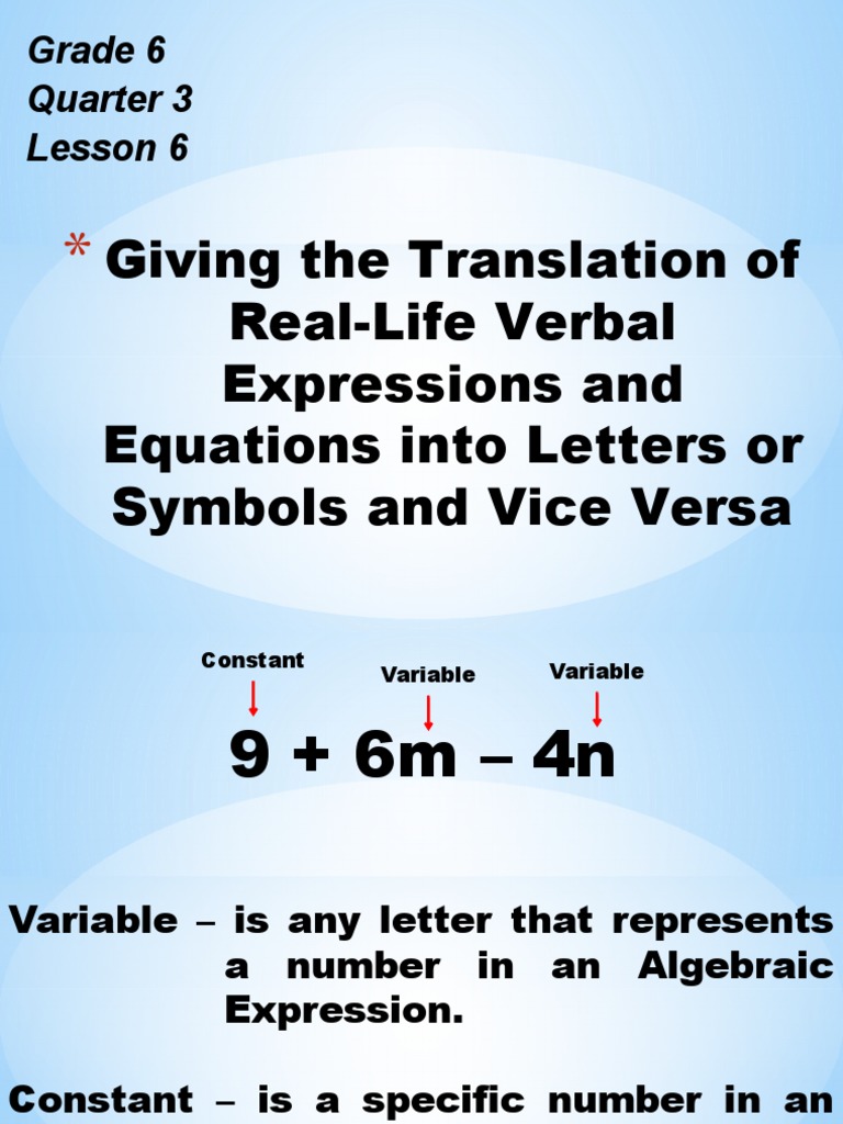 6 Giving The Translation of Real-Life Verbal Expressions and Equations ...