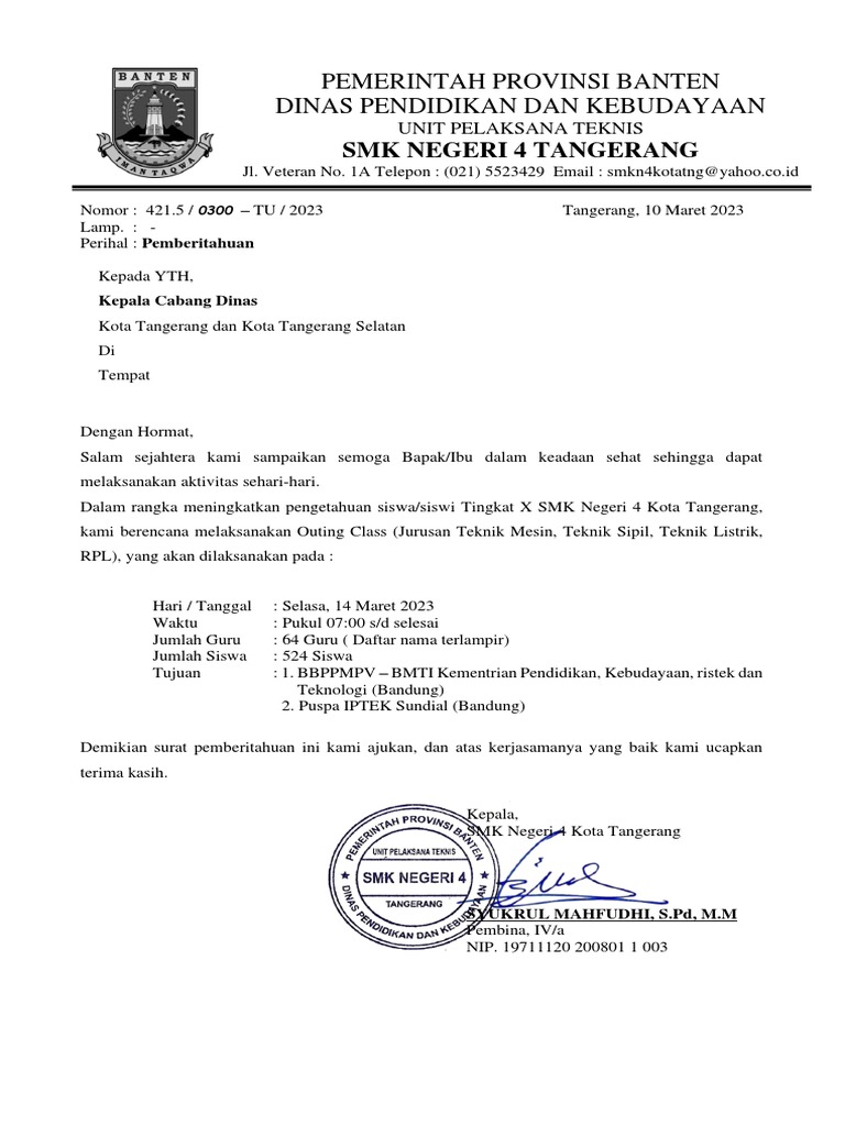 SURAT Pemberitahuan Outing Class | PDF