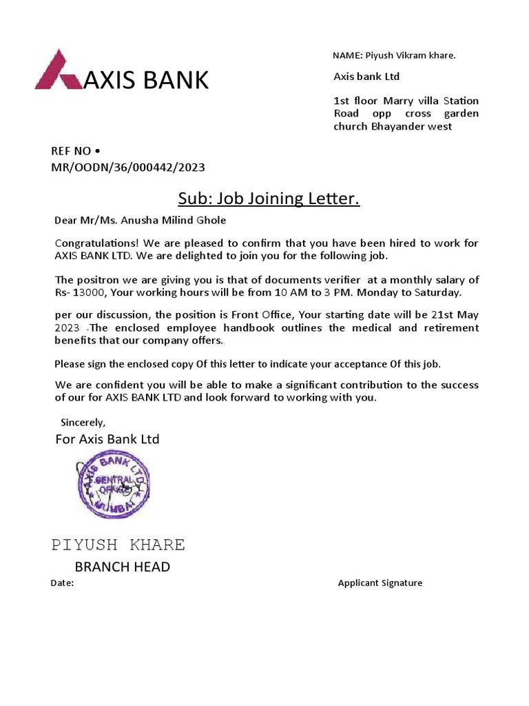 Joining Letter of Axis Bank | PDF