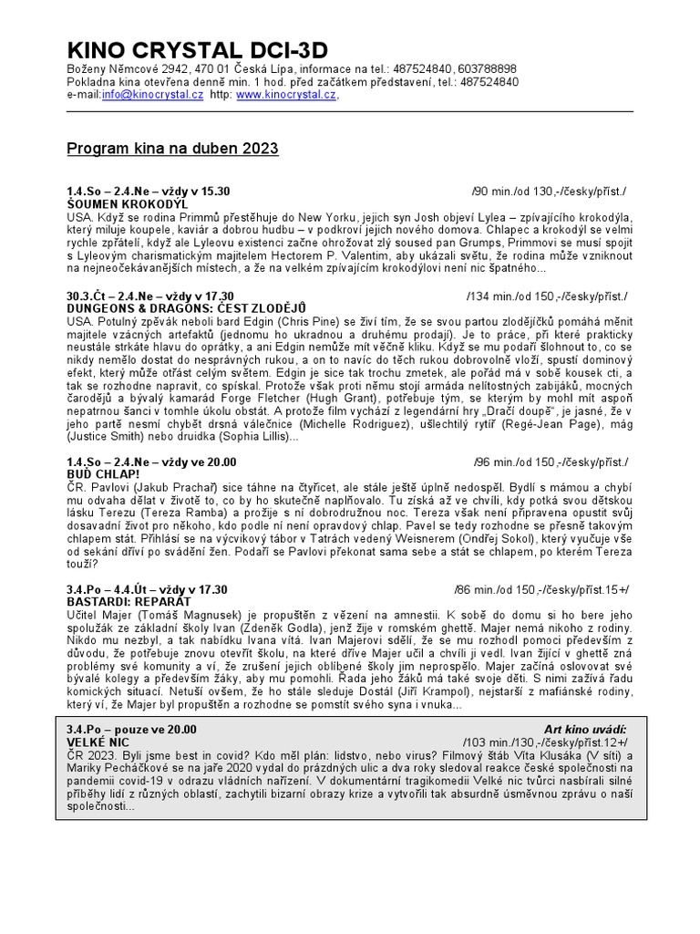 Kino Crystal Program Na Duben 2023 | PDF